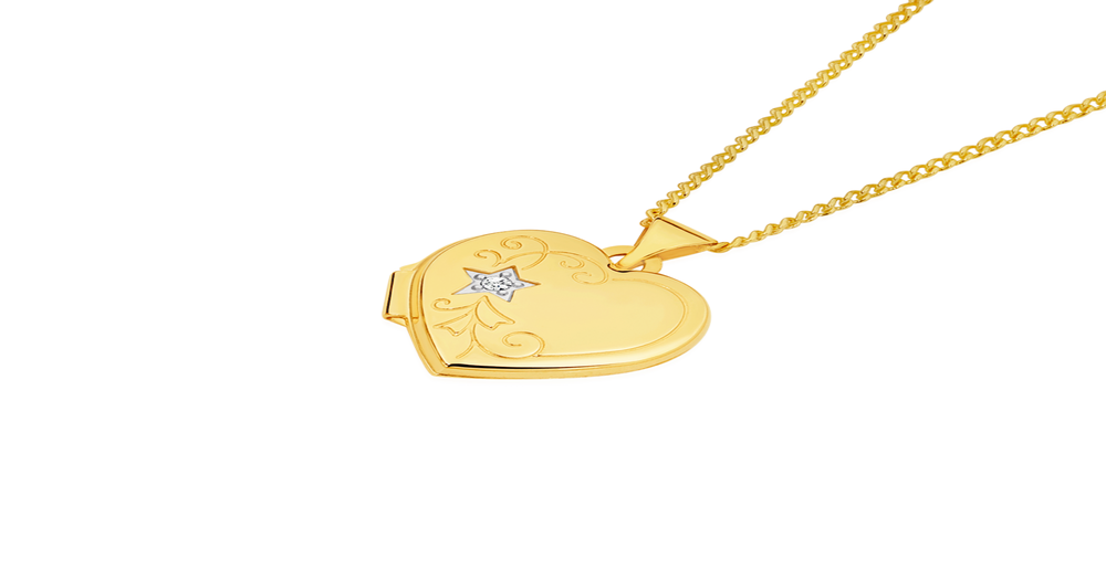 9ct 15mm Diamond Star Filigree Engreave Heart Locket | Pascoes
