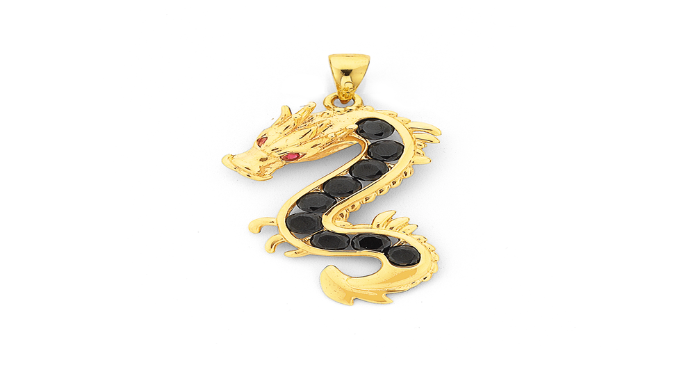 9ct, Black Cubic Zirconia & Created Ruby Dragon Pendant in Black | Pascoes