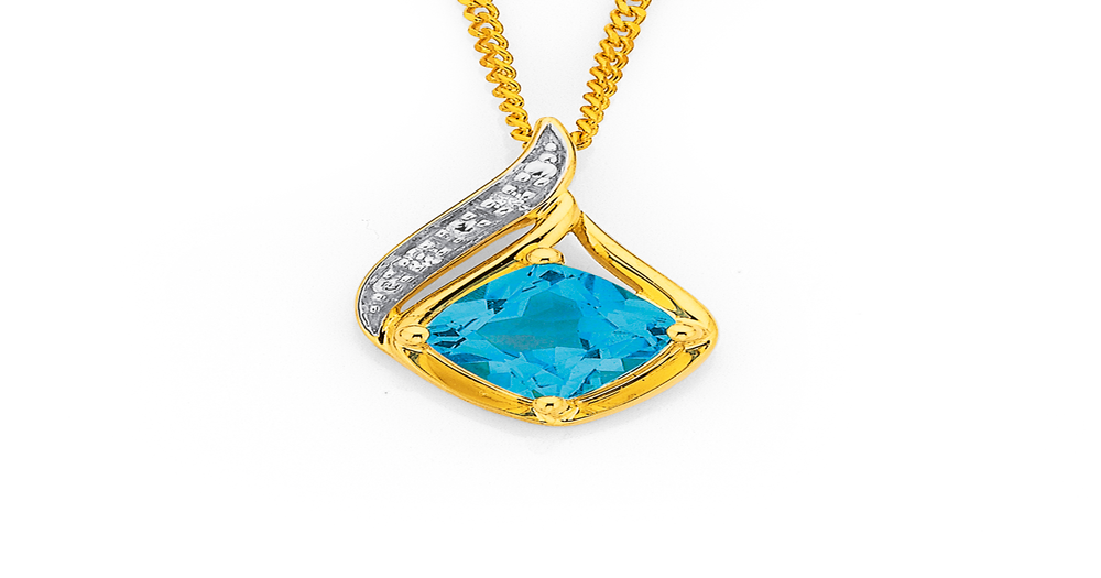 9ct, Blue Topaz & Diamond Pendant in Blue | Pascoes