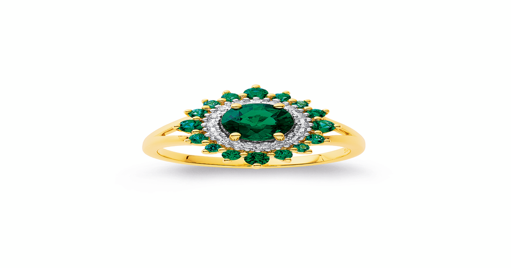 9ct Created Emerald & Dia Cluster Ring in Green | Pascoes