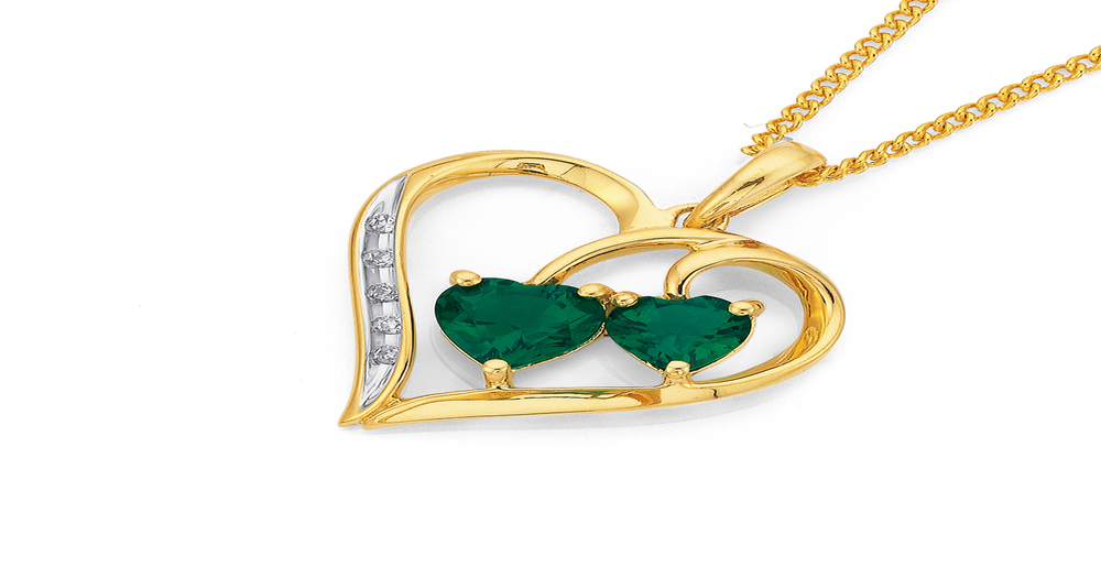 9ct, Created Emerald & Diamond Heart Pendant in Green | Pascoes