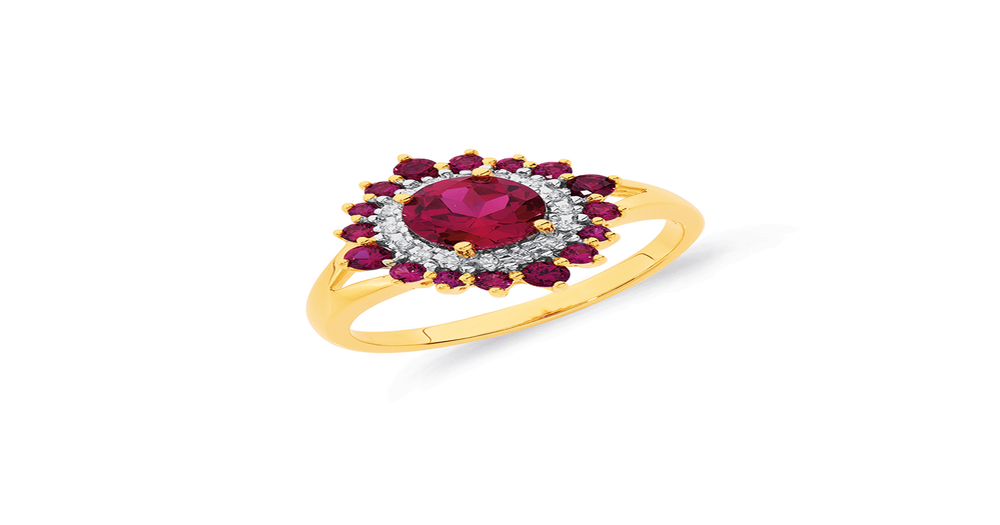 9ct Created Ruby & Diamond Cluster Ring in Red | Pascoes