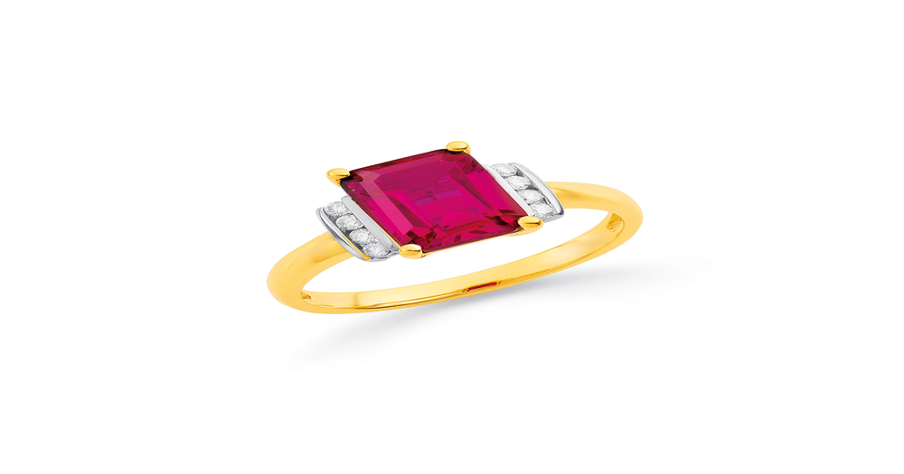 9ct Created Ruby & Diamond Ring Tdw=.10ct in Red | Pascoes