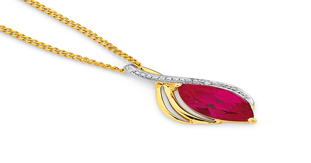 9ct, Created Ruby & Diamond Swirl Pendant in Red | Pascoes