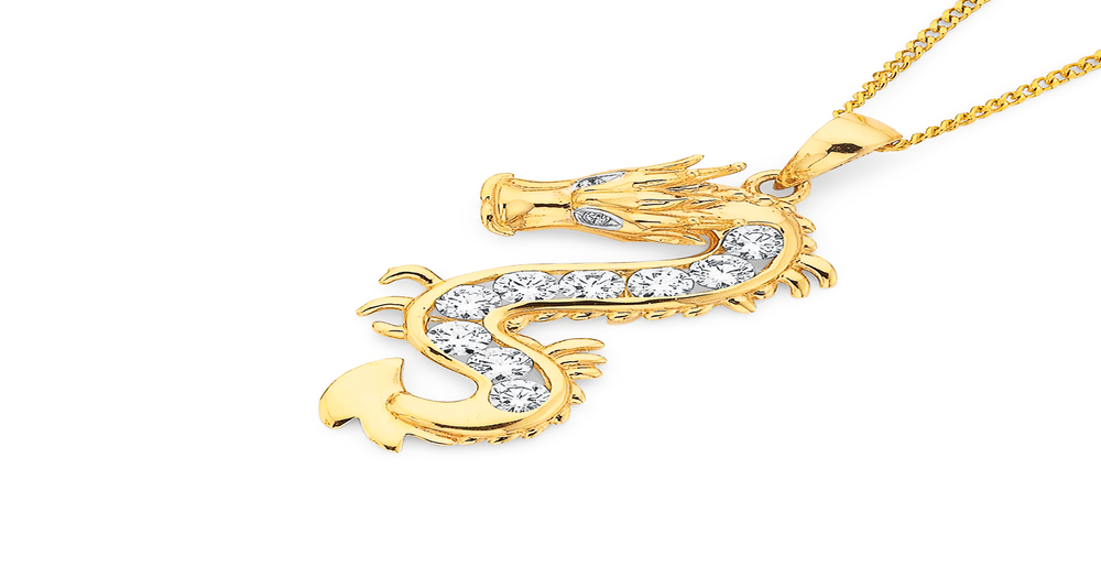 9ct, Cz Dragon Pendant in Clear | Pascoes