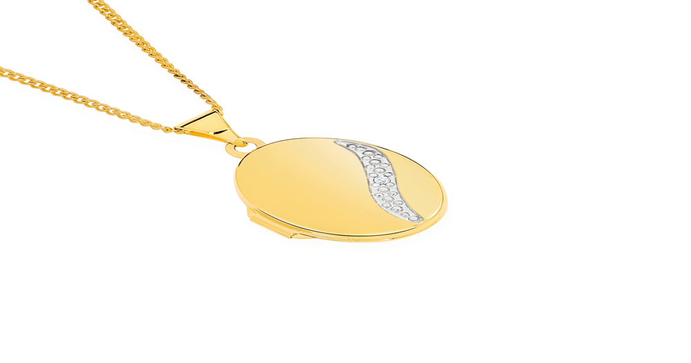 9ct Gold 17mm Diamond-set Swirl Oval Locket | Pascoes
