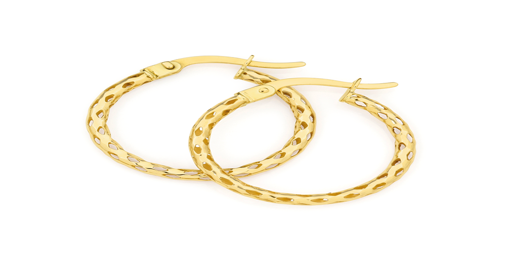 9ct Gold 2x15mm Filigree Hoop Earrings | Pascoes