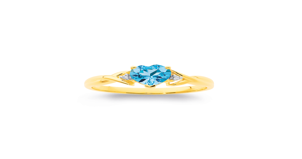 9ct Gold Blue Topaz And Diamond Heart Twist Ring in Blue | Pascoes