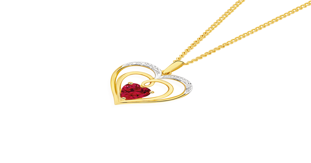 9ct Gold Created Ruby & Diamond Heart Pendant in Red | Pascoes