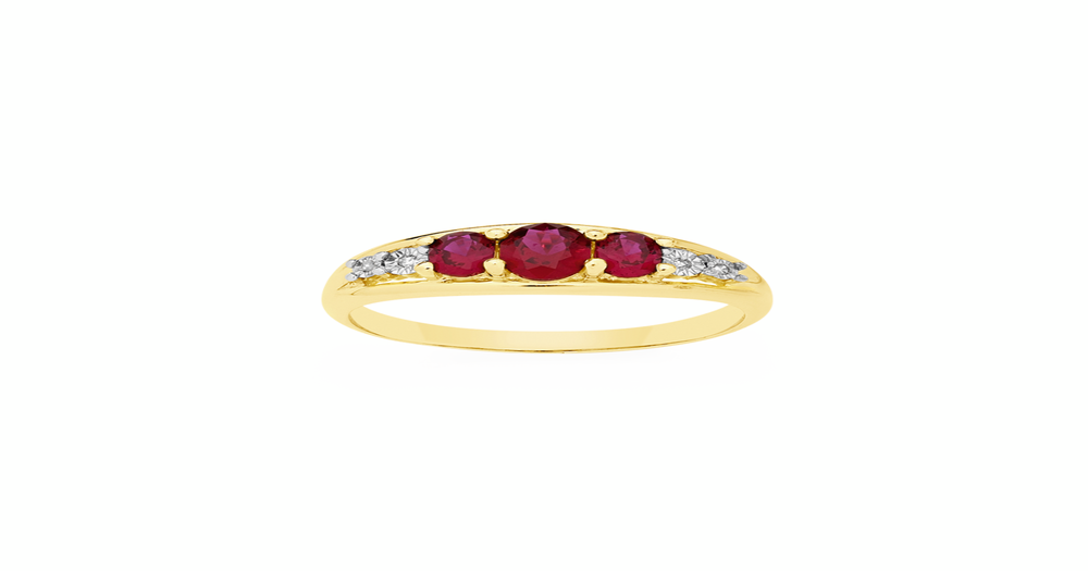 9ct Gold Created Ruby & Diamond Tilogy Ring in Red | Pascoes