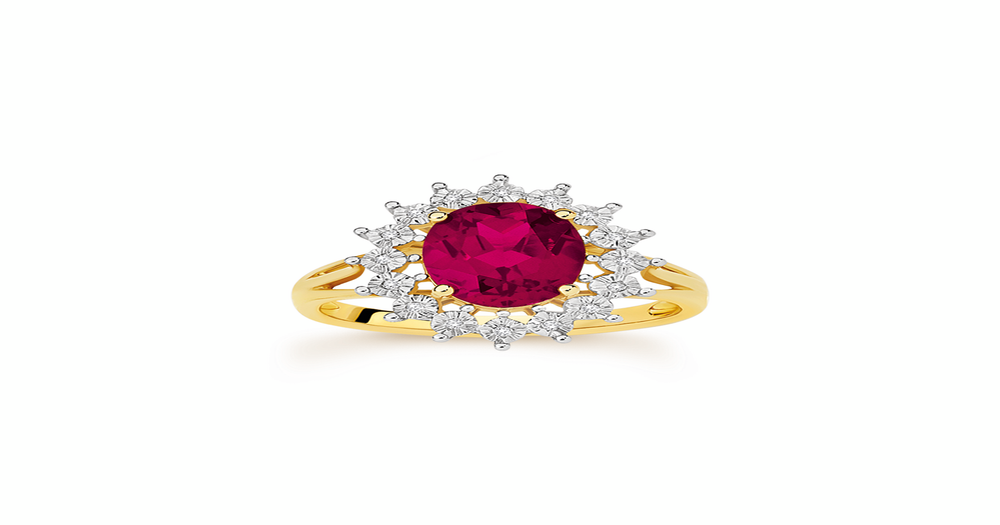 9ct, Ruby (created) & Diamond Ring in Red | Pascoes