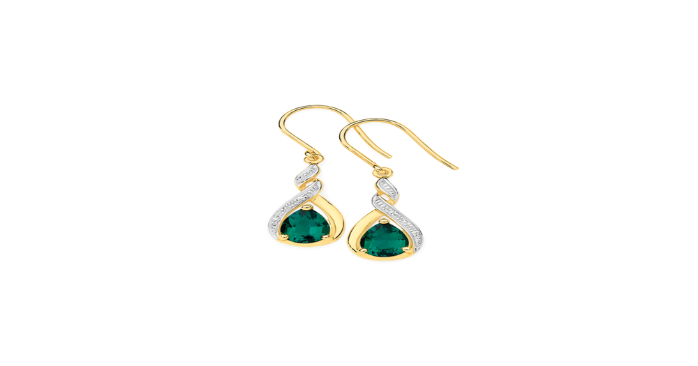 9ct, Synthetic Emerald & Diamond Drop Earrings in Green | Pascoes