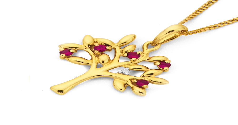 9ct, Synthetic Ruby & Diamond Tree Of Life Pendant in Red | Pascoes