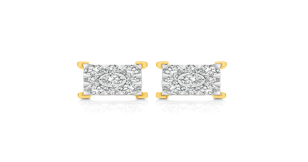9ct Two Tone, Gold Diamond Square Cluster Stud Earrings | Pascoes