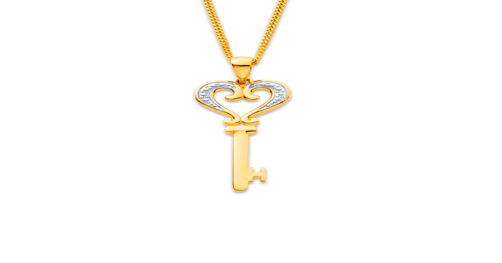 9ct Two Tone Key Pendant Scroll Top | Pascoes
