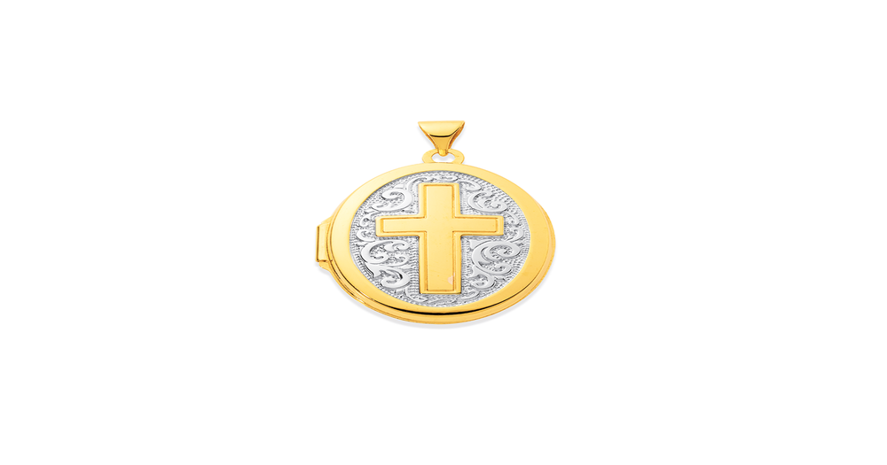 9ct Two Tone Oval Cross Locket | Pascoes
