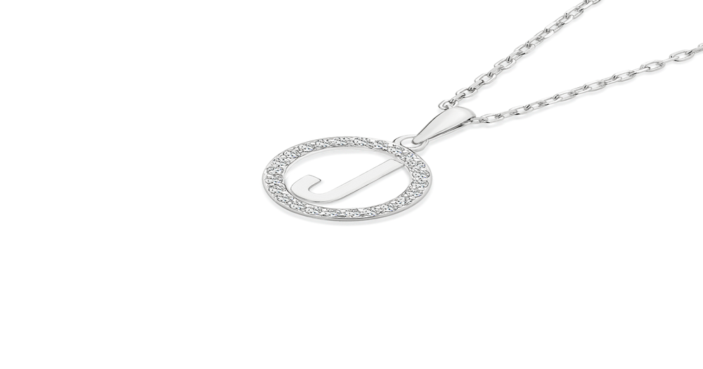 Silver Initial J In Cz Round Pendant in Clear | Pascoes
