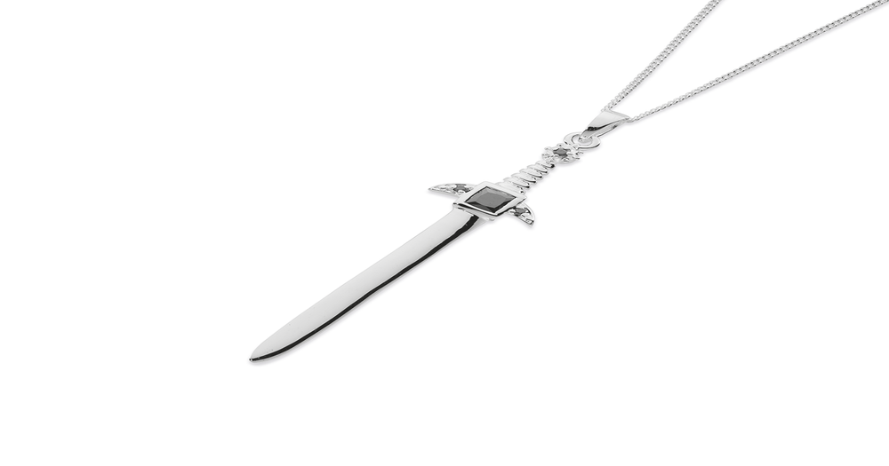 Sterling Silver Black Cz Sword Pendant & Chain in Clear | Pascoes