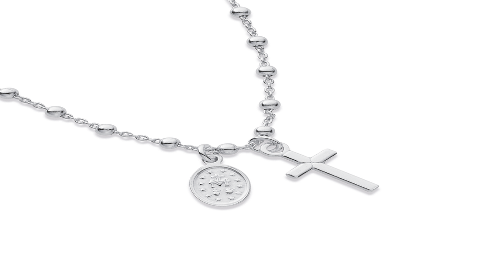 Sterling Silver Cross & Medal On Beaded Chain | Pascoes