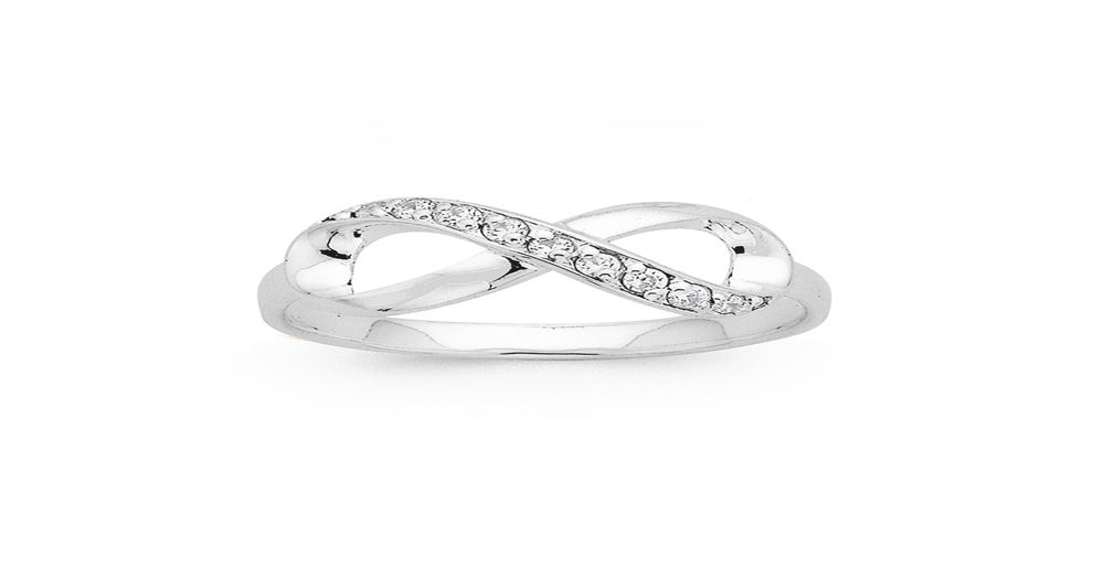 Sterling Silver Cubic Zirconia Infinity Ring In Size O in Clear | Pascoes