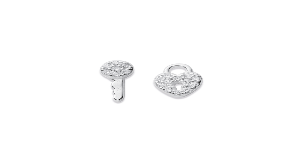 Sterling Silver Cubic Zirconia Lock & Key Studs in White | Pascoes