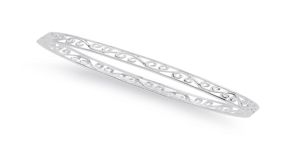 Sterling Silver Oval Filigree Swirl Bangle | Pascoes
