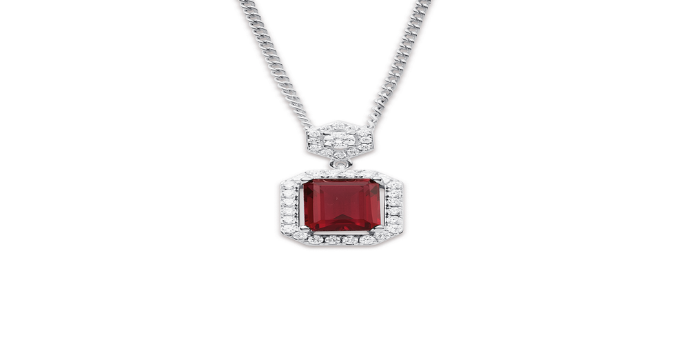 Sterling Silver Rectangular Red And White Cz Pendant in Red | Pascoes